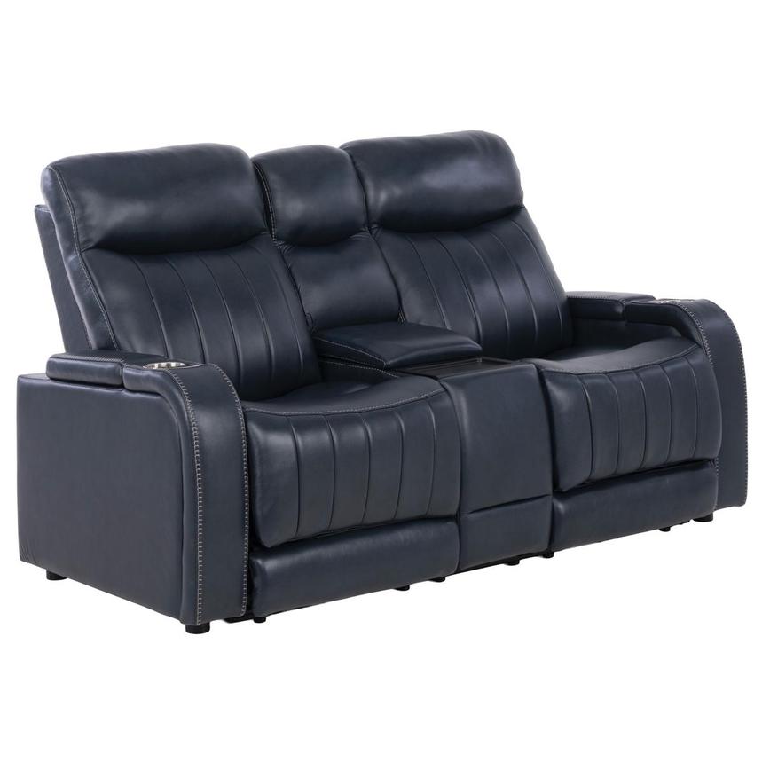 Neptune Blue Leather Power Reclining Sofa w/Console | El Dorado Furniture
